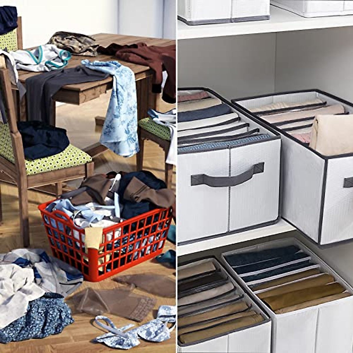 Vercord Washable Pants Drawer Organizer 9 Divider Foldable Clothes Organizer Wardrobe Storage Box Large 2 for Underwear Socks Jeans Grey