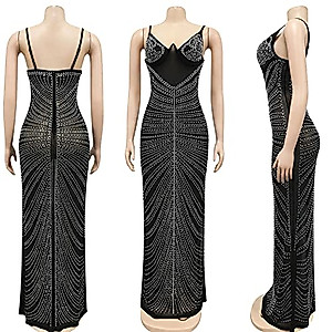 Uni Clau Women Sexy V Neck Halter Spaghetti Straps Rhinestone Hot Drilling Dress Mesh See Through Bodycon Party Club Night Out Maxi Dress Black M