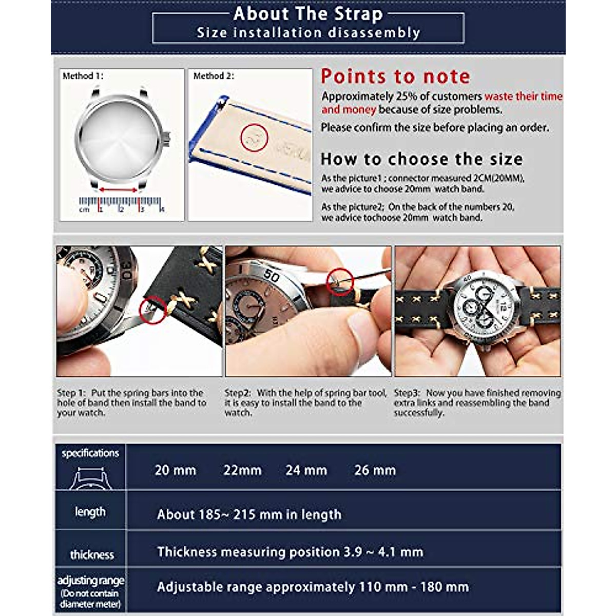 BINLUN Replacement Watch Bands Compatible with Samsung Galaxy Watch, Compatible with Huawei Watch, Compatible with Garmin Smartwatch Thick Oil Leather Watch Strap with X-Type Thick Line20/22/24mm