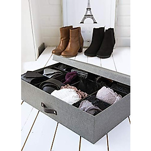Bigso Jakob Canvas Fiberboard 12 Compartment Storage Box | Sock Organizer for Drawer with Lid and Leather Handle | Tie Storage Box for Shelves and Dresser Drawers | 17.2’’x12.2’’x4.2’’ | Grey
