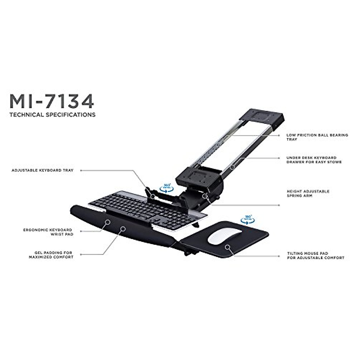 Mount-It! MI-7134 Underdesk Keyboard Drawer with Adjustable Platform, Ergonomic Gel Wrist Pad, Mouse Pad Included, Black