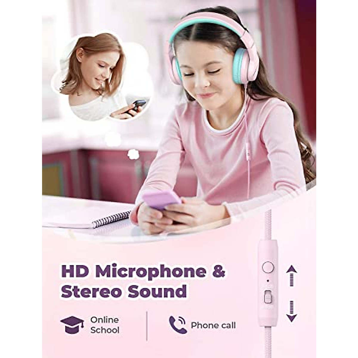 iClever HS19 Kids Headphones with Microphone for School, Volume Limiter 85/94dB, Over-Ear Girls Boys Headphones for Kids with Shareport, Foldable Wired Headphones for iPad/Travel (Pink)