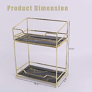 Simmer Stone Makeup Organizer Shelf, 2 Tier Cosmetic Storage Basket with Removable Glass Tray, Wire Vanity Organizer Rack for Bathroom, Dresser, Countertop and More, Stackable Assembly