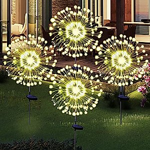 Solar Garden Firework Lights Outdoor Waterproof, 4 Pack Solar Powered Art Stake Twinkle Lighting for Outside Decor, 180 LED Sparklers String Lights for Yard Pathway Patio Party Decorations (Warm)