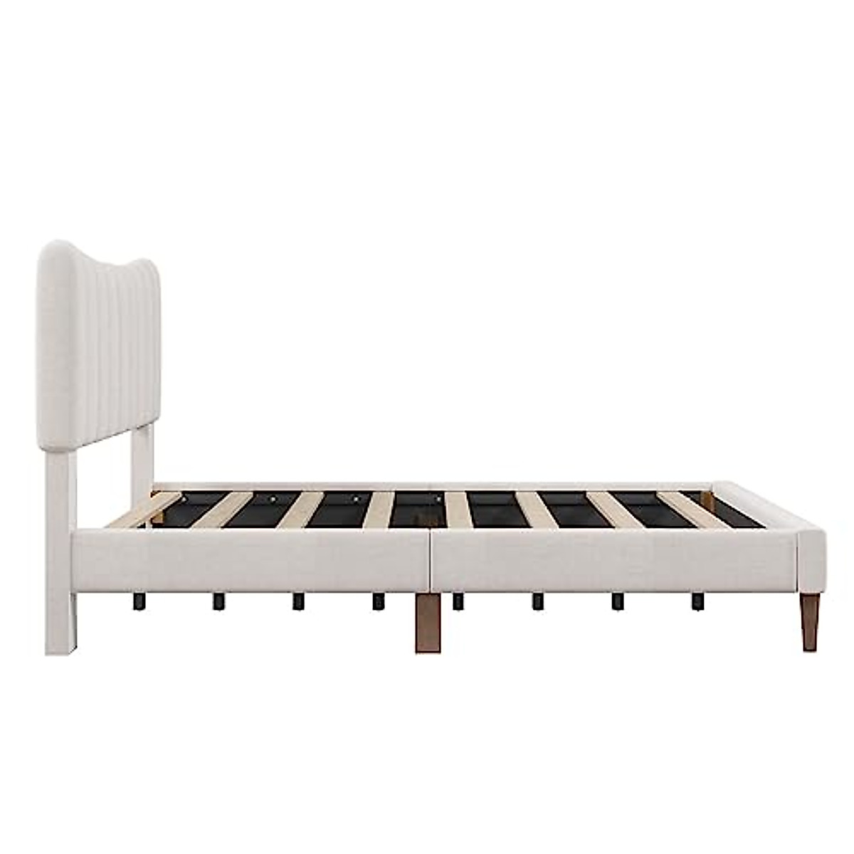 OTRIEK Queen Size Platform Bed, Modern Upholstered Platform Bed, Solid Wood Bed Frame with Vertical Channel Tufted Headboard, No Box Spring Needed for Boys Girls Bedroom (Cream)