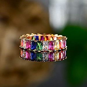 Barzel 18K Gold Plated Emerald-Cut Rainbow Multi Color Created-Gemstone Eternity Ring (Gold, 9)