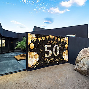 50th Birthday Backdrop Banner, Large Black Gold Happy 50th Birthday Banner, Men Women 50th Birthday Party Decorations, Cheers to 50 Years Banner for Garden Table Wall Decoration Outdoor Indoor