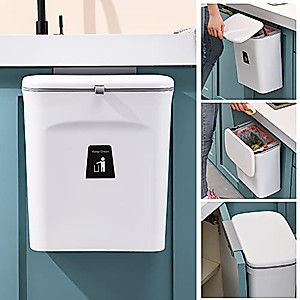 WDPUCHU 2.4 Gallon Hanging Trash Can for Kitchen Cabinet Door with Lid, Small Under Sink Garbage Can for Bathroom, Wall Mounted Counter Waste Compost Bin (White)
