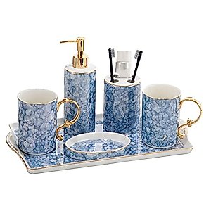 YAYA2021-SHOP Soap Bottles European Style Bathroom Accessories Set Ceramic 6-Pieces Bath Sets Includes Soap Dispenser Toothbrush Holder Tumblers Soap Dish and Tray, Gold Rim Soap Dispenser