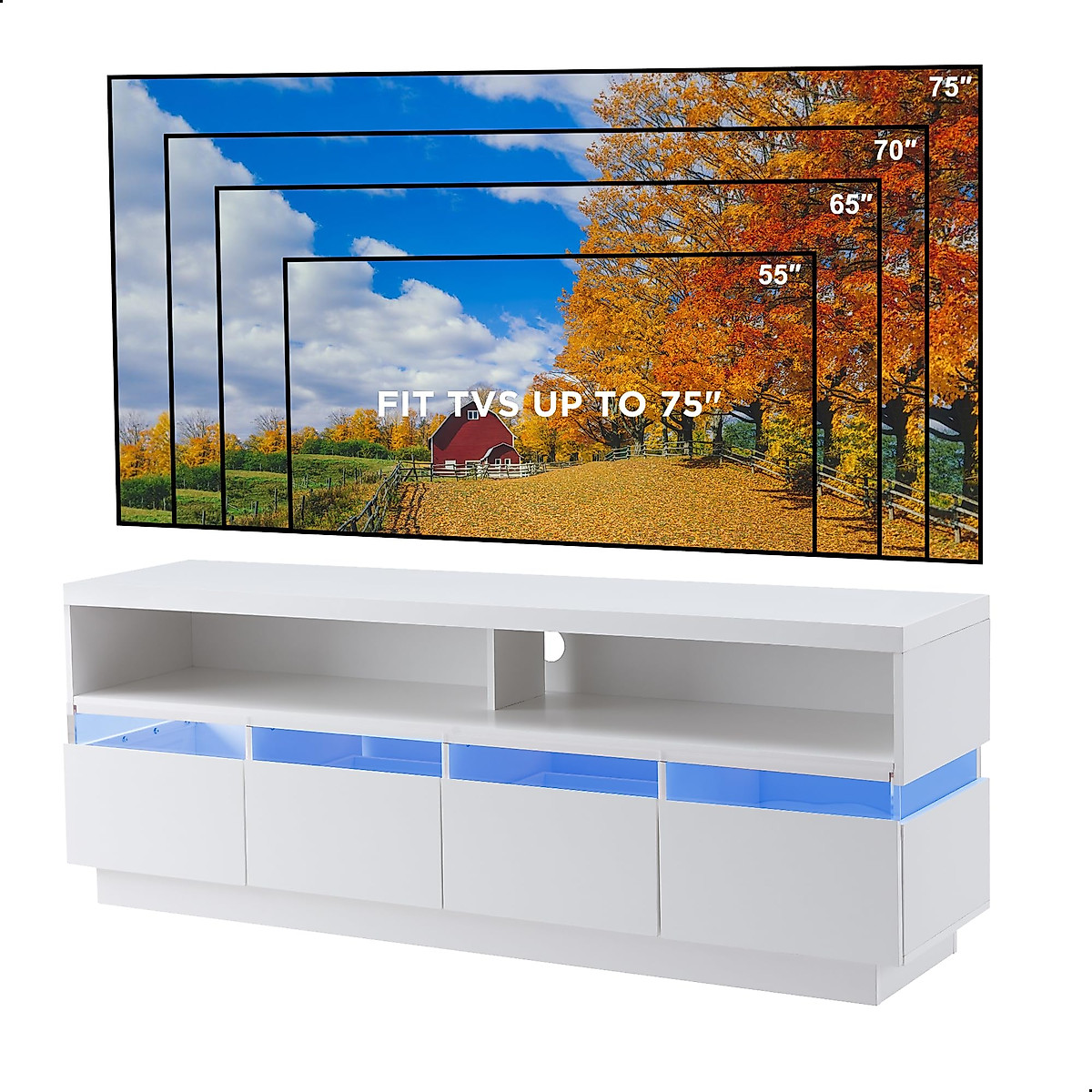 T4TREAM LED TV Stand for 75 Inch TV, Modern Gaming Entertainment Center with LED Lights, Media Storage Console Table with Large Sliding Drawers & Side Cabinets for Living Room, Solid White, 66 Inch