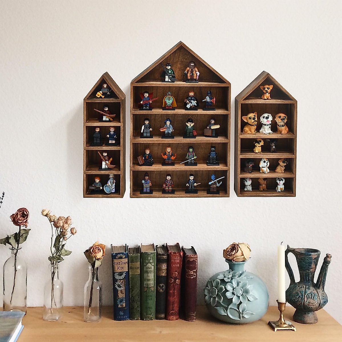 Ikee Design 3 Pcs Set House-Shaped Shelf Wooden Shadow Cubby Box Display Shelf Organizer Storage Display Shadow Box for Mini Figures,15 Compartments, Brown Color