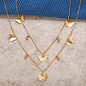 fxmimior Gold Simple Dainty Boho Butterfly chunky Chokers Necklace Layered Circle Necklace Bar Y Pendant Necklace for Women