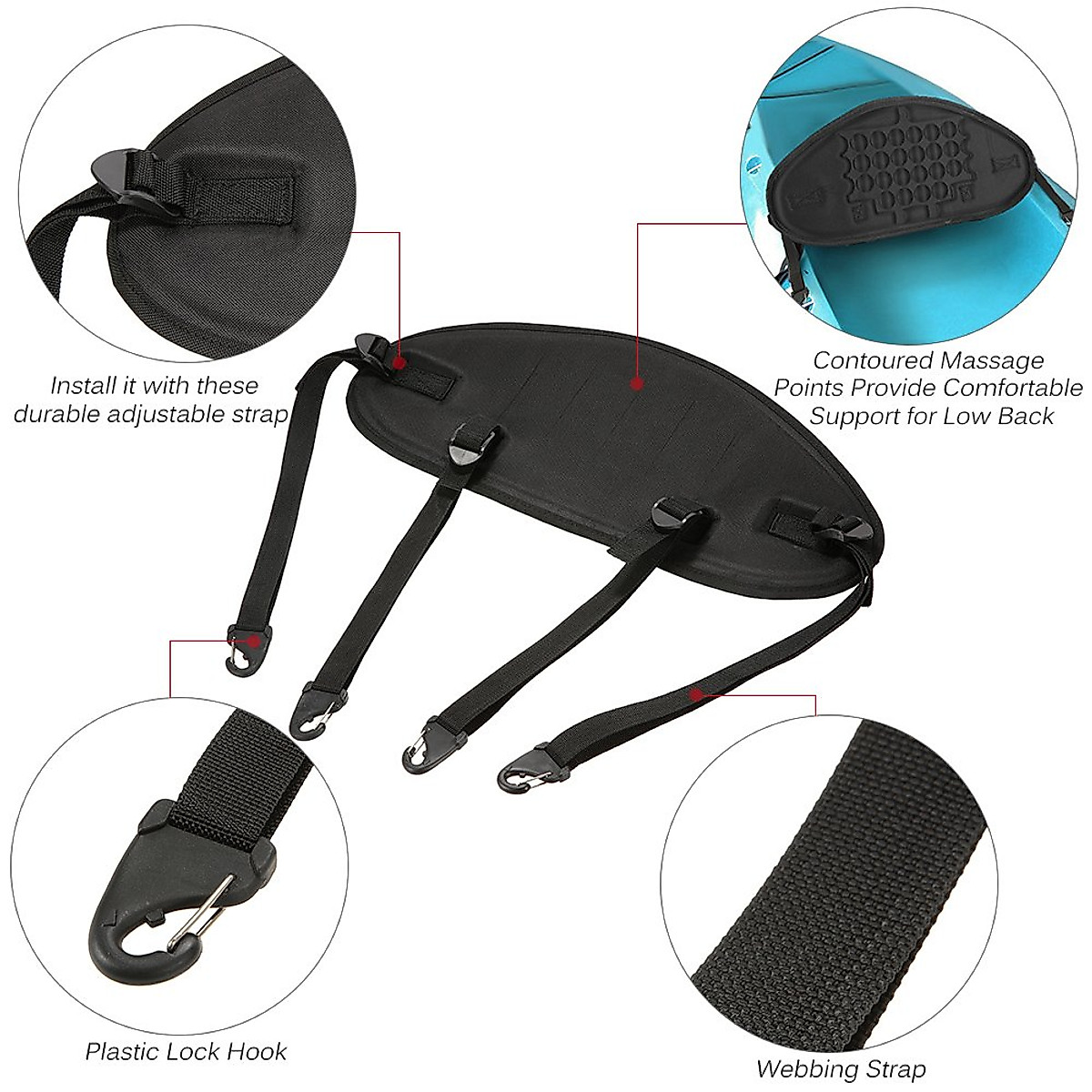 Lixada ​1pc Adjustable Kayaking Canoeing Sit On Top Kayak Seat Back Rest Seat Backrest Support Back Pad Band Antiskid Cushiony Black