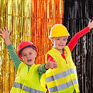 LOLStar 2 Pack Construction Foil Fringe Curtains, Construction Birthday Party Supplies, 3.3x6.6 ft Yellow Orange and Black Tinsel Photo Booth Prop, Streamer Backdrop for Construction Party Decoration