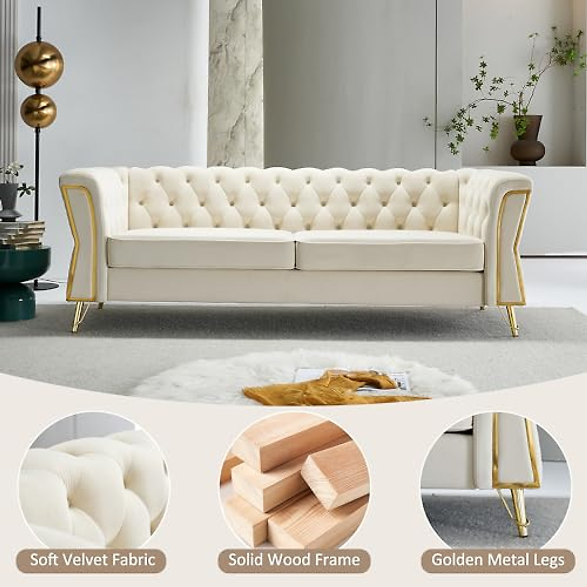 Tmsan 87.4" Velvet Sofa Couch, Mid-Century Modern Chesterfield Loveseat Classic Button Tufted 2 Seater Couch with Golden Legs for Living Room Office Bedroom (Beige)
