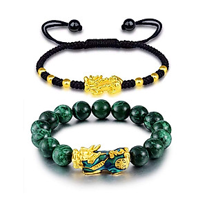 2pcs Pixiu Green Jade Natural Stone Change Color Elastic&Braided String Rope Bracelet Brave Troops Lucky Wealth Bracelet for Women Men Gift-Set 1