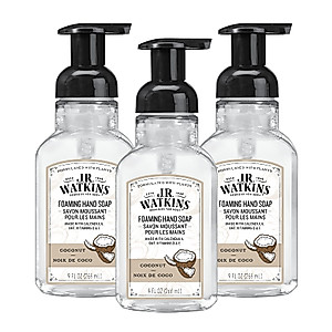 J.R. Watkins Foaming Hand Soap Pump with Dispenser, Moisturizing All Natural Hand Soap Foam, Alcohol-Free Hand Wash, Cruelty-Free, Use as Kitchen or Bathroom Soap, Coconut, 9 fl oz, 3 Pack