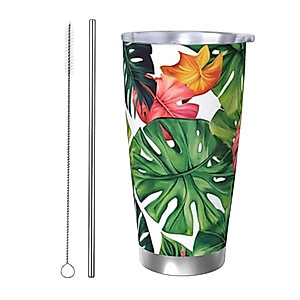 EKPRAVDKTF Tropical Leaves 20oz Insulated Stainless Steel Tumbler With Lids And Straws, Double Wall Vacuum Travel Coffee Mug, Thermal Cup For Cold & Hot Drinks, Reusable Metal Straw & Brush