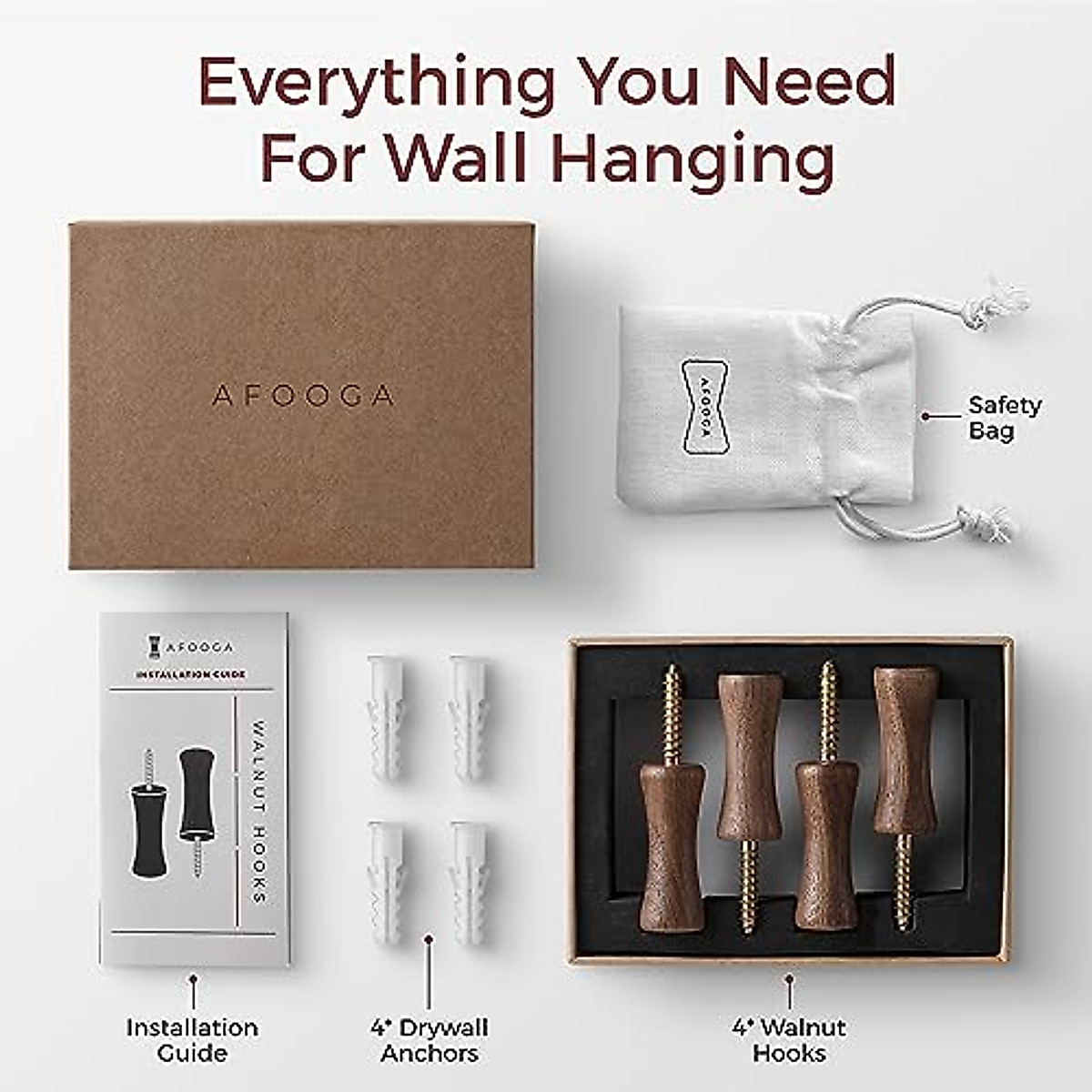 AFOOGA Hat Hooks for Wall Wood Wall Hooks - 4 Pack Wooden Wall Hooks for Hats - Wood Hooks Wall Mounted - Wall Coat Hooks - Wood Hooks for Hanging - Small Decorative Wall Hooks (Natural Walnut)