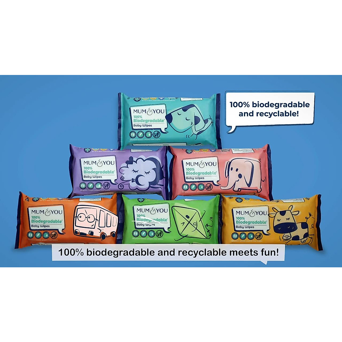 Mum & You Biodegradable Compostable Vegan Registered Plastic Free Baby Wet Wipes with Recyclable Packaging, 99.4% Water, 0% Plastic, Hypoallergenic & Dermatologically Tested (Pack of 6)