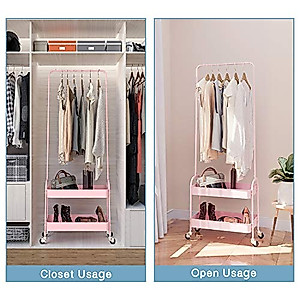 KINGRACK 2-in 1 Garment Rack, Clothing Rack with 2 Tier Metal Basket, Rolling Storage Cart Clothes Organizer Coat Rack Storage Stand on Wheels, for Home Bedroom Laundry Small Place Entryway, Pink