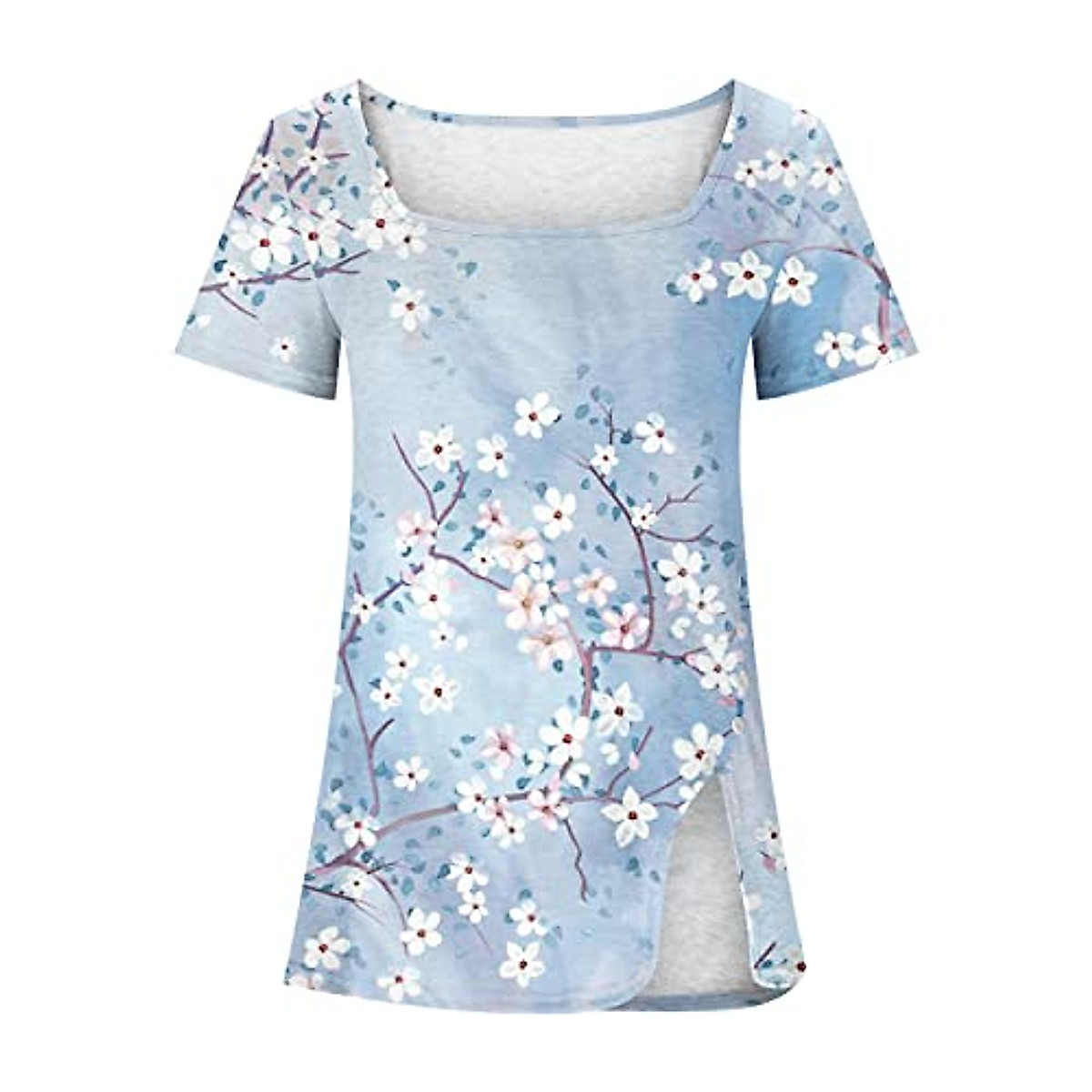 KSODFNXH Womens Summer Blouses Casual Trendy Square Neck Slit Hem Floral Printed Short Sleeve Comfy Fashion Shirts