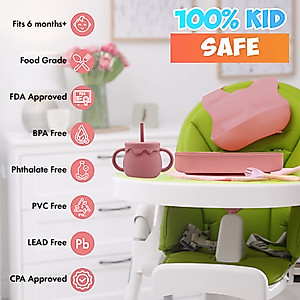 Mishall Baby Feeding Set – 10-Pcs Baby Heavy-Duty Supplies Set with Suction Plates, Bowls, Fork, Spoon, Baby Bibs – Food-Grade Silicone Utensil Set – Self-Feeding Supplies for Babies and Toddlers-Pink