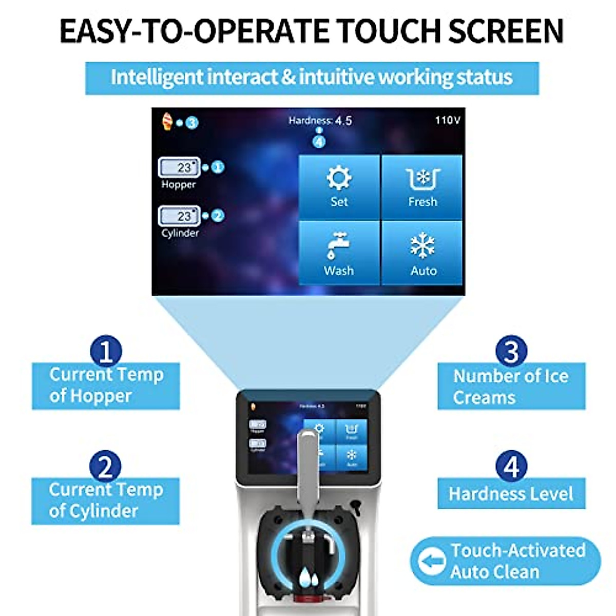 BZD Commercial Ice Cream Maker Machine - 1000W Single Flavor Soft Serve 110V Ice Cream Machine 2.7 to 4 Gallons Per Hour Touch LCD Display & Auto Clean, The Ideal Ice Cream Machine for Home Bars Restaurants