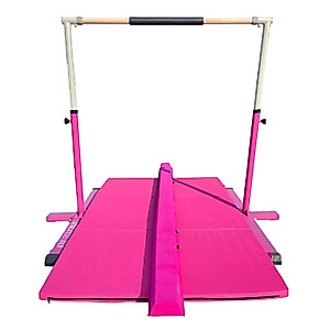 Athletic Bar Expandable Gymnastics Kip Bar 3 in 1 Set with Balance Beam, 6'x4' Mat for Kids, Horizontal Bar Junior Gymnastic Training Exercise for Gymnast Home Gym Height Adjustable 3 to 5 FT (Pink)