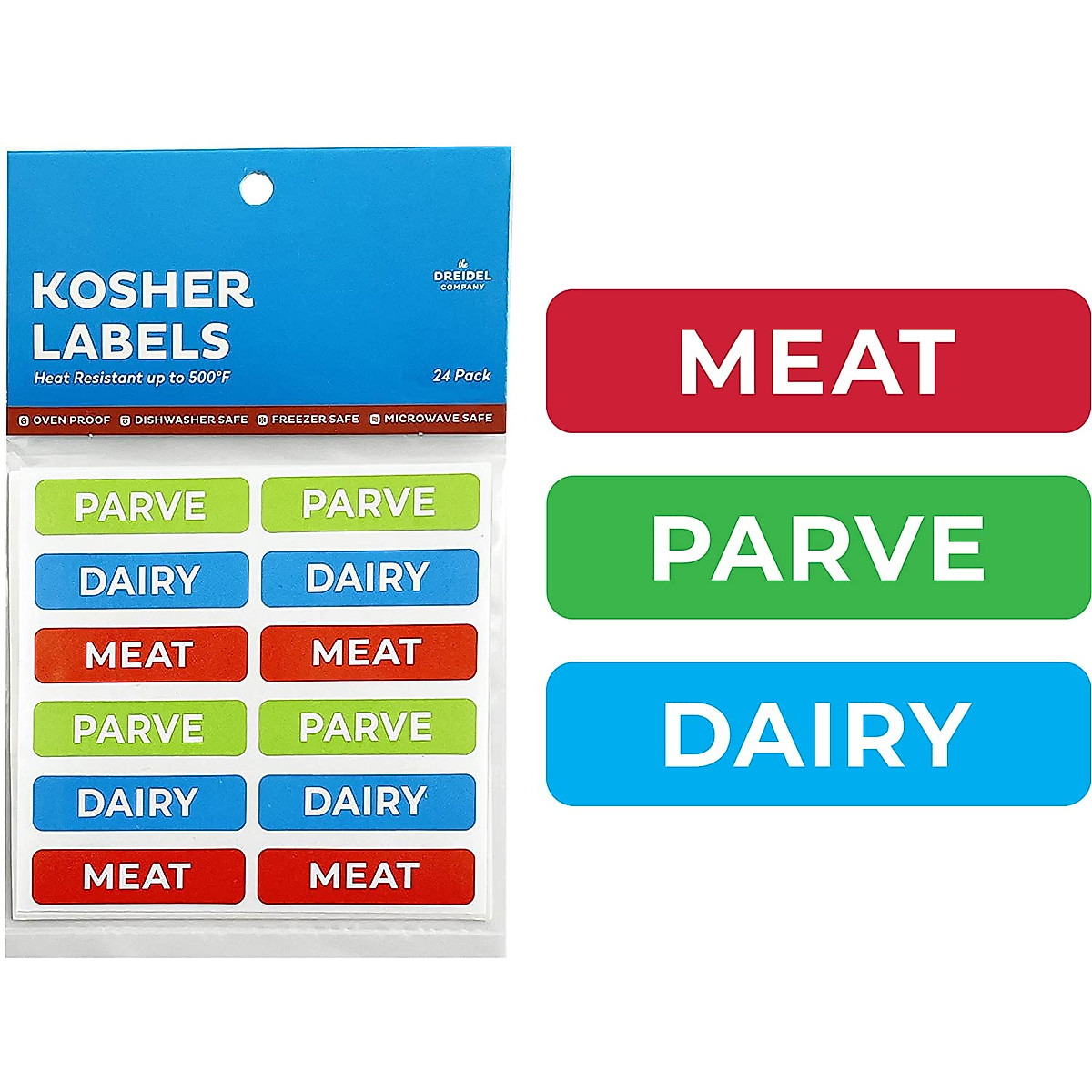 Kosher Labels, 8 Blue Dairy, 8 Red Meat, 8 Green Parve Stickers, Oven Proof up to 500°, Freezable, Microwavable, Dishwasher Safe, English, Color Coded Kosher Kitchen Tools (24-Pack, Rectangle Design)