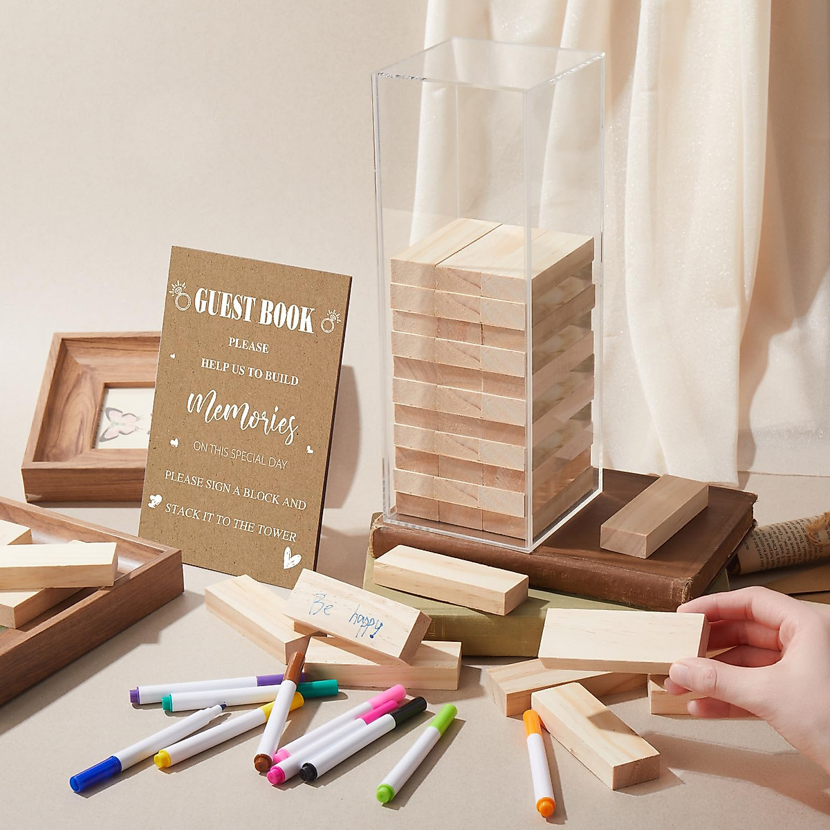 Beeveer 80 Pcs Wedding Guest Book Alternative Wooden Block Guest Book for Wedding Sign in Wedding Book Wooden Block Wedding Games Bridal Shower Game for Wedding Sign in, Reception(Boho)