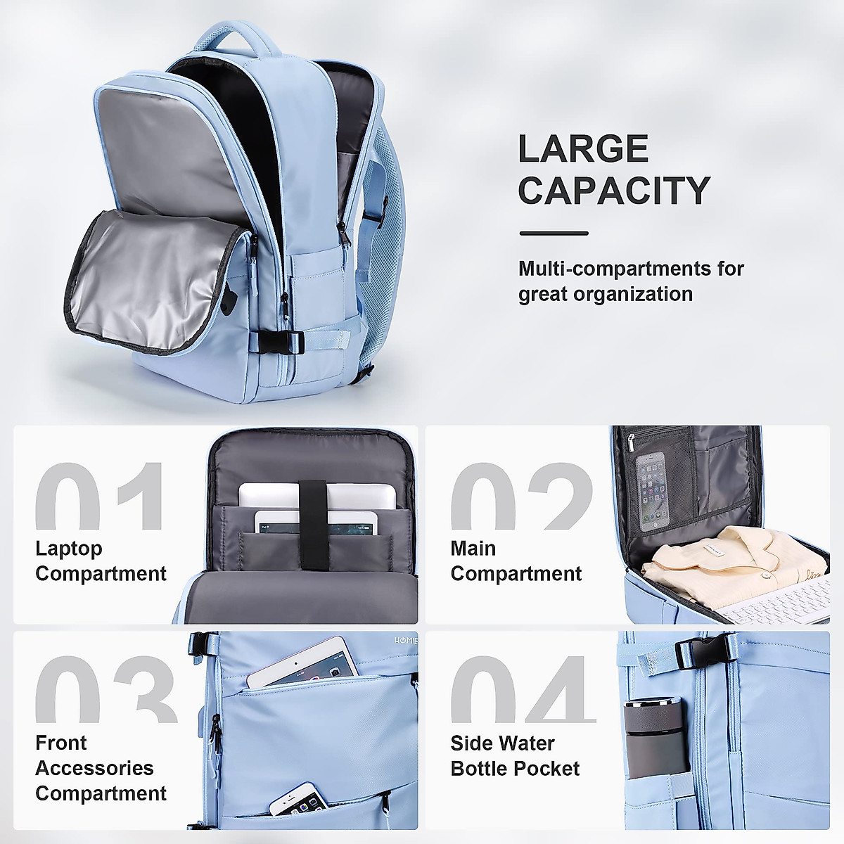 HOMIEE Carry on Backpack for Airplanes, 15.6 Inch Travel Laptop Backpack College Bag with USB Charging Port, Personal Item Size, Dry Wet Separation, Blue