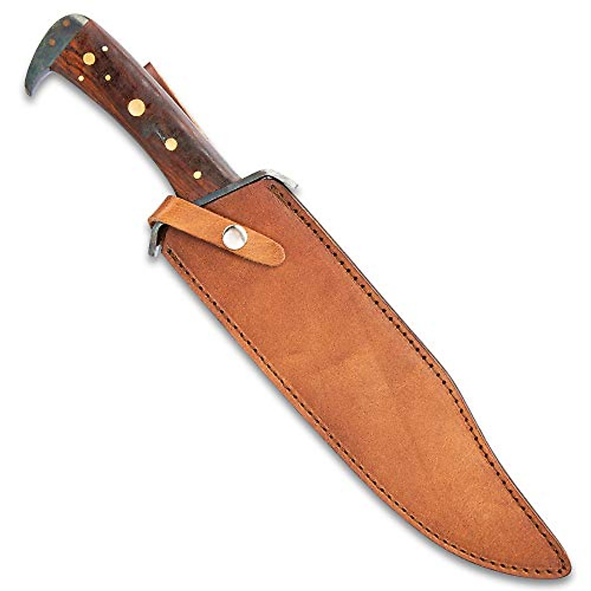TIMBER RATTLER Gunslinger Bowie Knife and Leather Belt Sheath - 1095 Fire Kissed Carbon Steel Blade, Rockwell Hardness 55-58, Steel Guard, Hardwood Handle, For Bushcraft Chopping Jobs - Length 16 1/2”