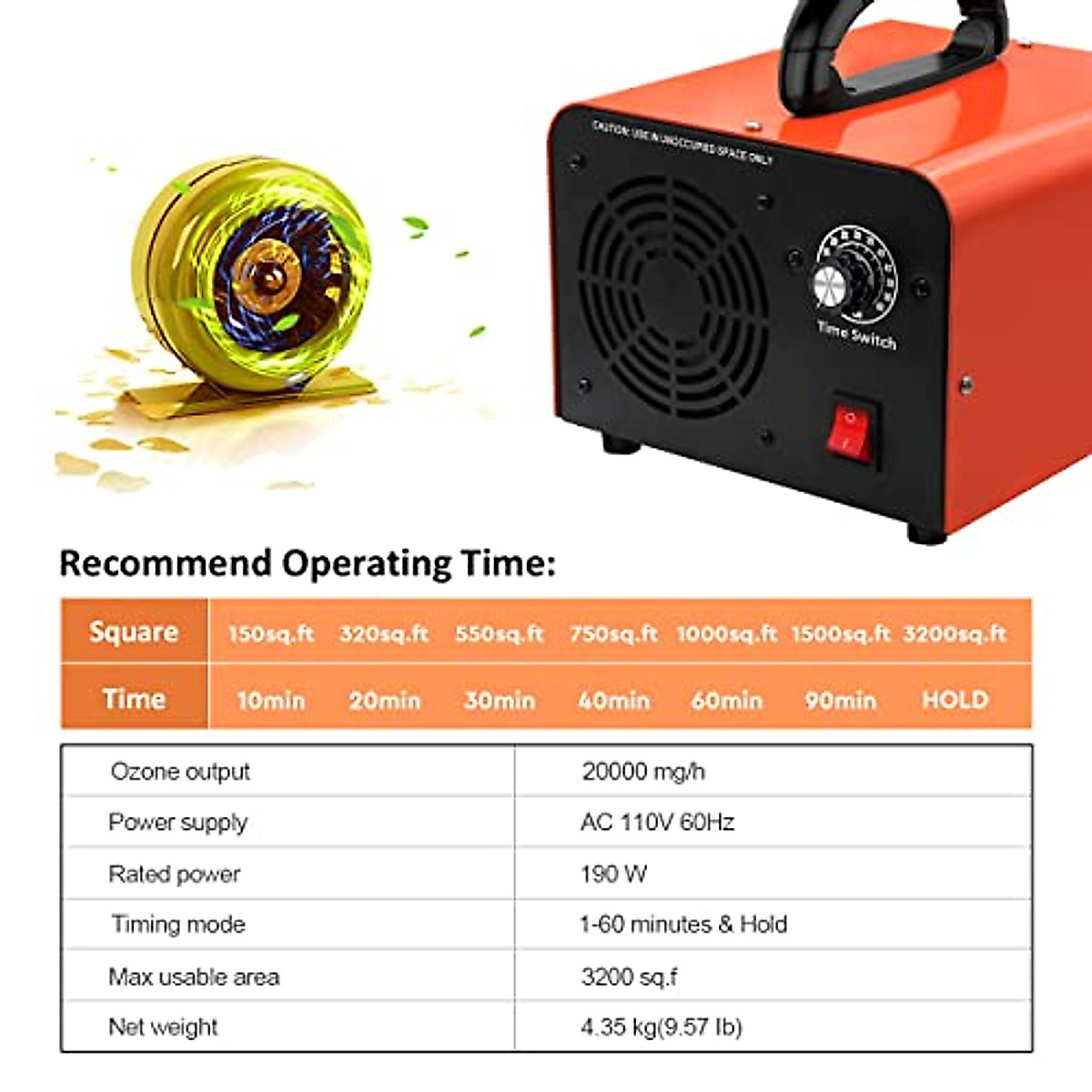 Industrial Ozone Machine, 20000 mg/h Ozone Machine Odor Remover, Deodorizer for Bigger Space, 2 Timing Functions & Carry Handle, Basement, Warehouse, or Factory
