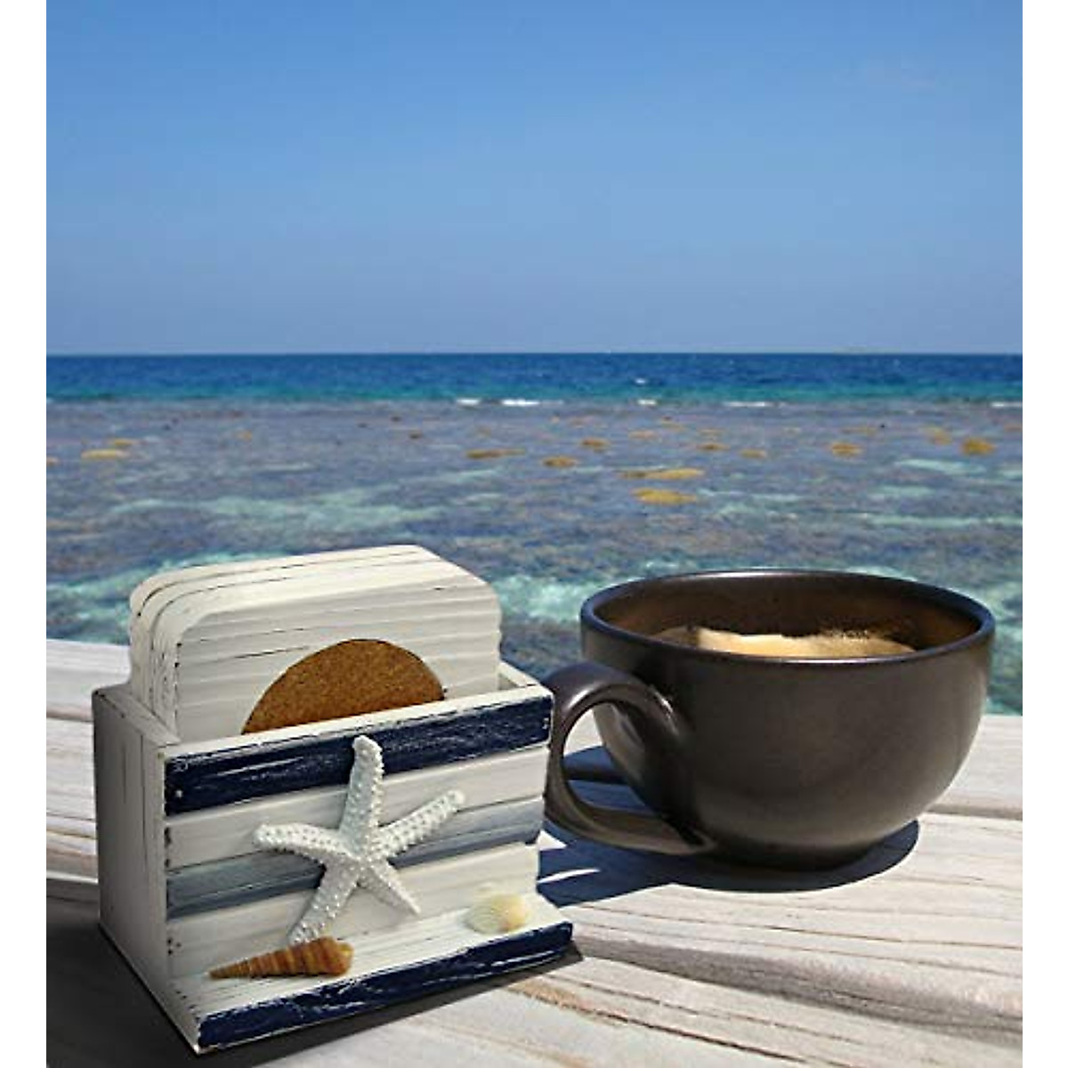 COTA Global Blue Stripes Nautical Wooden Coaster Set - Table Top Centerpiece Coastal Decor for Kitchen, Home, Beach House, Rustic Decorative 4 Coasters Set with Holder - Handmade Color May Vary