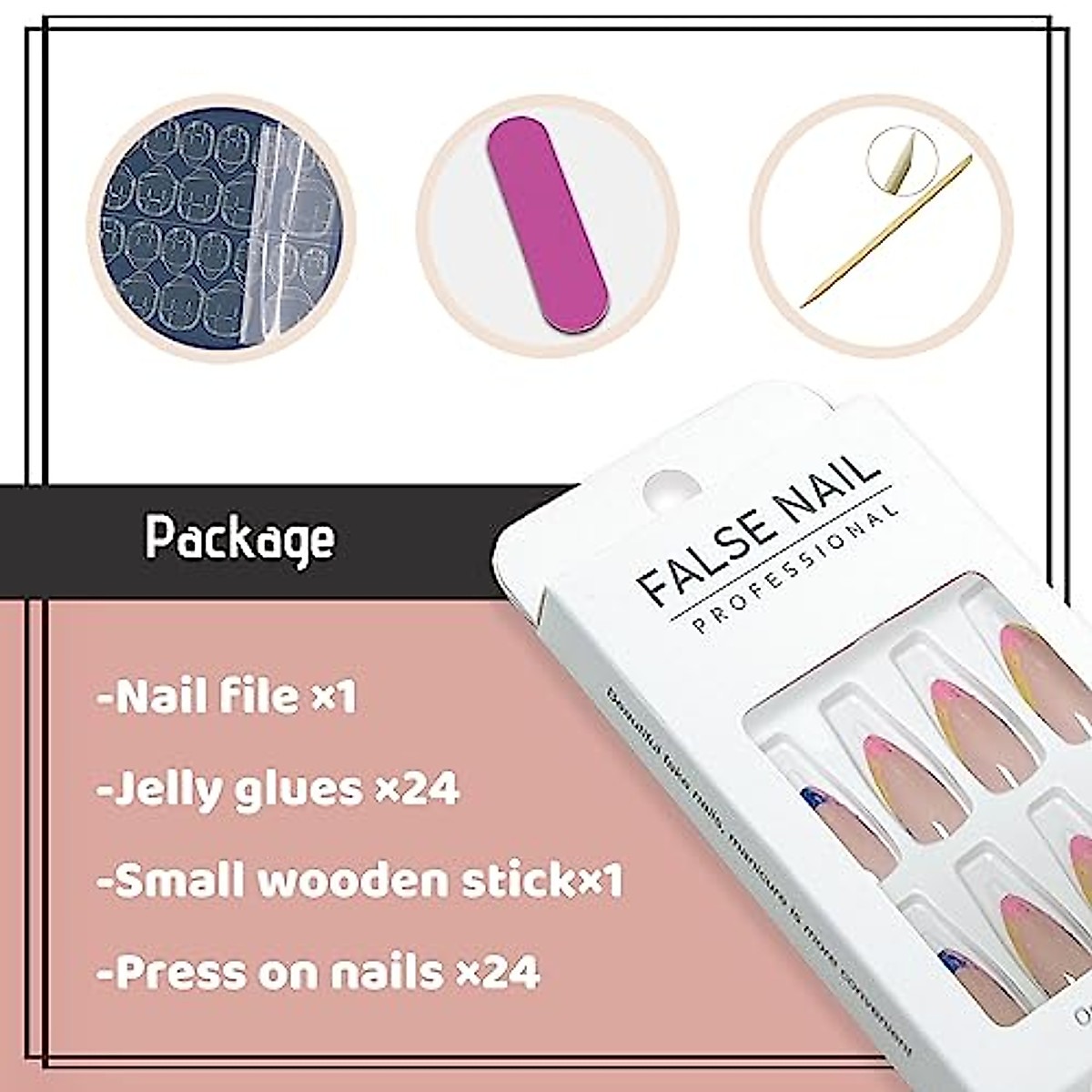 YOSOMK French Tip Medium Press on Nails Almond Fake Nails with Glitter Sequins Designs Luxury Glossy Glue on Acrylic Nails Bling Colorful False Nails for Women