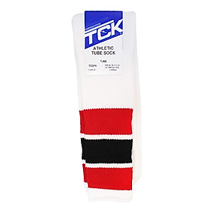 TCK Retro 3 Stripe Tube Socks (Red/Black, Large)