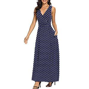 LILBETTER Women Sleeveless Deep V Neck Loose Plain Long Maxi Casual Dress(F Navy Blue Polka Dot,Large)