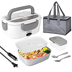 JIEGELIN Electric Lunch box food heater 2-in-1,12V/24V/110V/220V portable heating lunch box for cars and homes,stainless steel container fork and Spoon and portable bag (Grey)