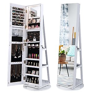 LOKO 360° Swivel Jewelry Cabinet, Lockable Jewelry Organizer with Rear Storage Shelves, Standing Jewelry Armoire with Full-Length Mirror & 3-Color LED Lights, for Girls Women, Bedroom (White)