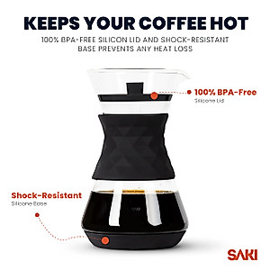 SAKI Pour Over Coffee Maker with Double Layer Stainless Steel Filter, Silicone Lid, Coffee Dripper Brewer, Heat Resistant Borosilicate Pour Over Carafe, 24 Ounce