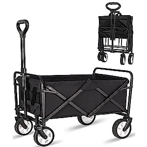 Collapsible Foldable Wagon, Beach Cart Large Capacity, Heavy Duty Folding Wagon Portable, Collapsible Wagon for Sports, Shopping, Camping (Black, 1 Year Warrant)