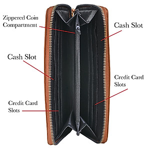 Rebecca & Rifka Women's Large Saffiano Vegan Leather Medallion Zip Around Multi Holder Organizer Wristlet Large Capacity Travel Clutch Wallet (Cognac)