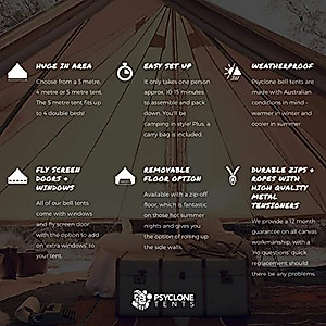 Psyclone Tents Fixed Floor 5m/16.4ft Luxury Bell Tent Outdoor All Weather 8-10 Person Cotton Canvas Yurt Large Tent for Family Camping Glamping Hiking and Festivals