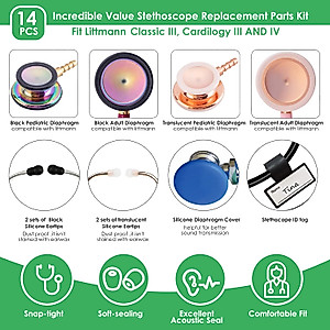 14Pcs Littmann Stethoscope Accessories Replacement Parts, 4 Pairs Soft Stethoscope Ear Tips Pieces Earplug Earbud Replacement Diaphragm Drum Cover for Littmann Cardiology Classic Stethoscope Name Tag