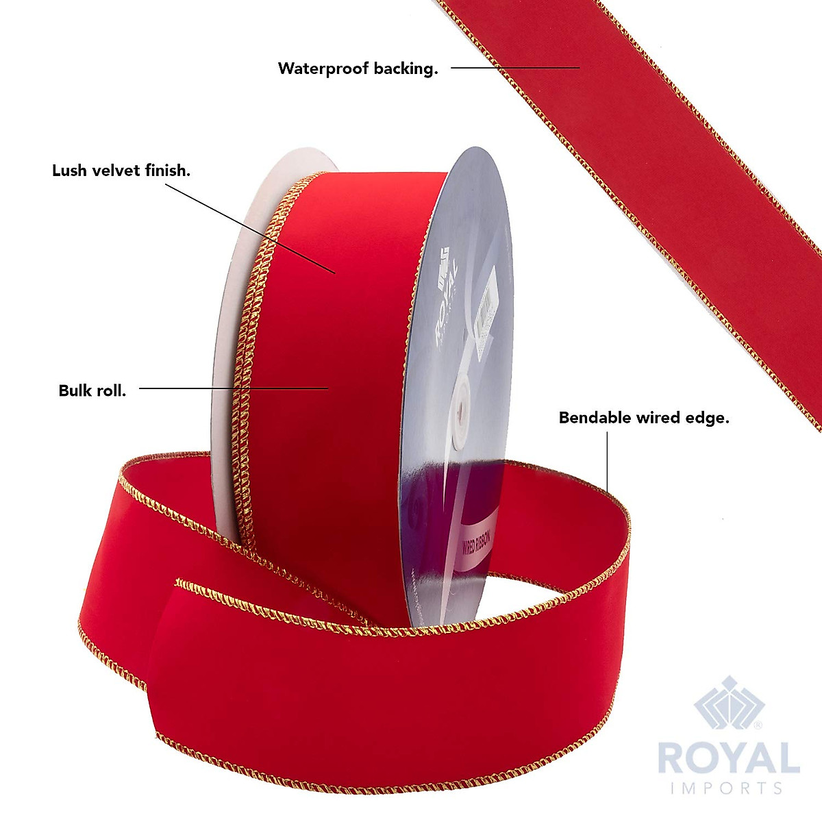 Royal Imports Wired Traditional Red Christmas Waterproof Ribbon, Floral & Craft Decor - 2.5" (#40) - 50 Yd (150') - Red w Red Edge