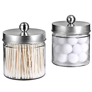 Bathroom Vanity Glass Storage Organizer Holder Canister Apothecary Jars for Cotton Swabs, Rounds, Balls, Qtips,Makeup Sponges, Flossers,Bath Salts - 2 Pack, Clear (Brushed Nickel)
