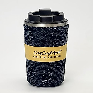 Cupcupmore 12 oz Bling Dark Blue Rhinestone Stainless Steel Coffee Tumbler,Shiny Travel Insulated Coffee Mug with Lid, Reusable Spill Proof Coffee Cup,Portable Thermal Mug for Hot and Cold