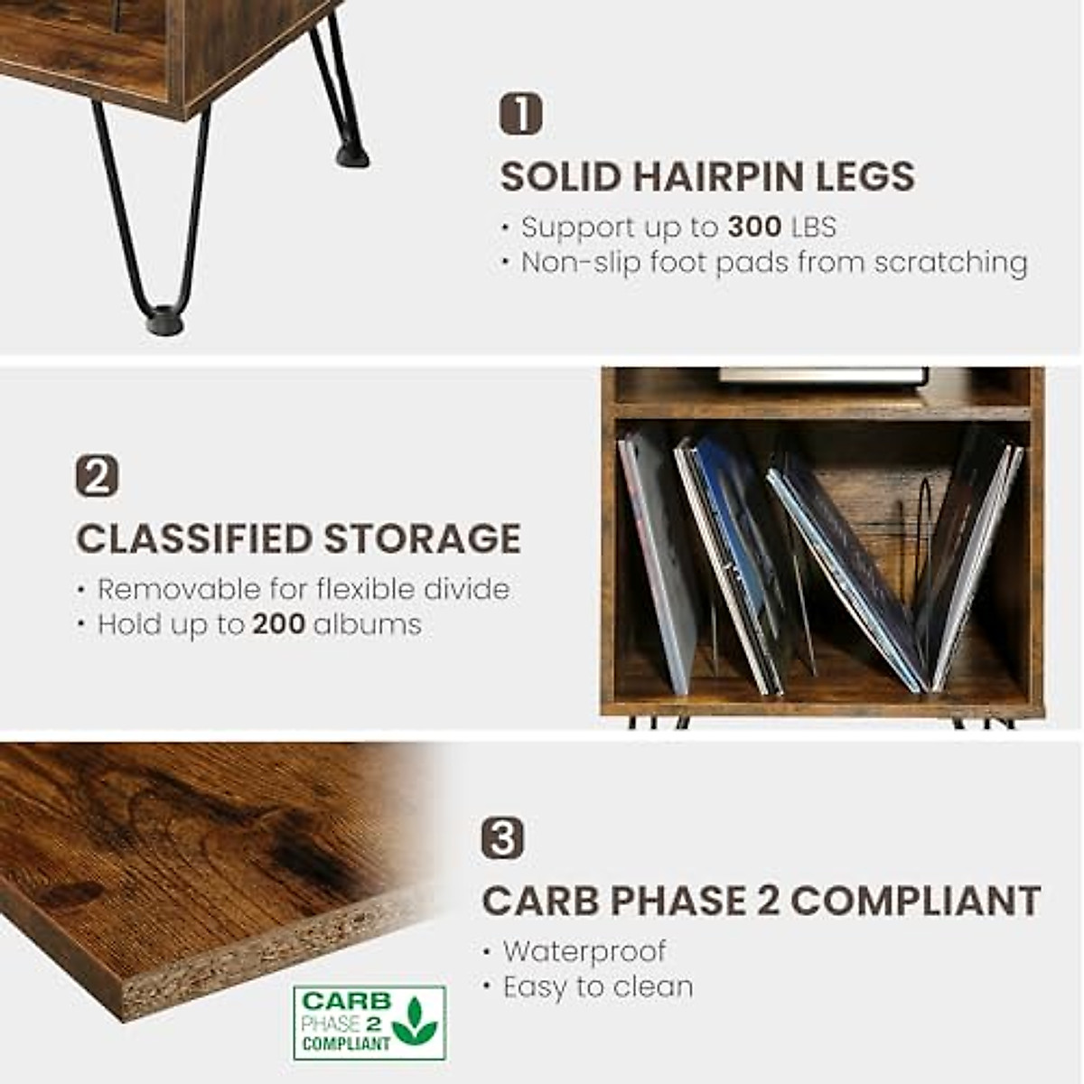 TC-HOMENY Record Player Stand with Charging Station & USB Ports, Turntable Stand Holds Up to 160 Albums, Vinyl Record Storage Stand with Metal Legs for Living Room, Bedroom, Office