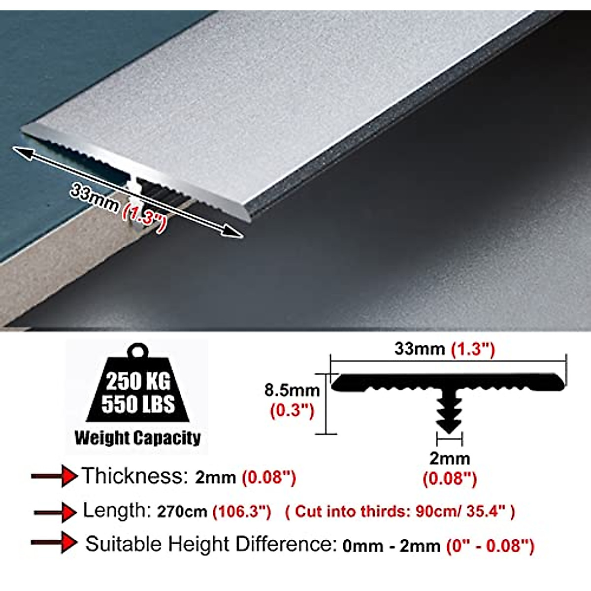 Transition Strip T-Mold Threshold Transition Strip,Vinyl Floor to Laminate Edge Trim,for Tile and Wood Joint Cover,Smooth Transitions(Color:Gray)